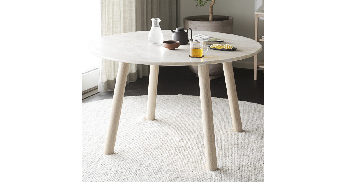 Rowico TARANSAY ruokapöytä Ø125 cm, travertine/valkotammi » Wilma Interiör